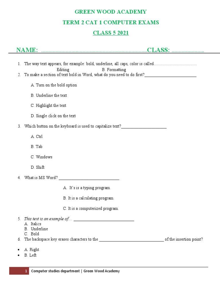 STD 5 Computer Exam Term 2 Cat 1 Computer Exams | PDF | Cursor (User Interface) | Computer ...