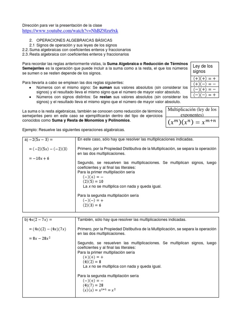 2 Operaciones Algebraicas Básicas 2021b | PDF | Sustracción | Entero