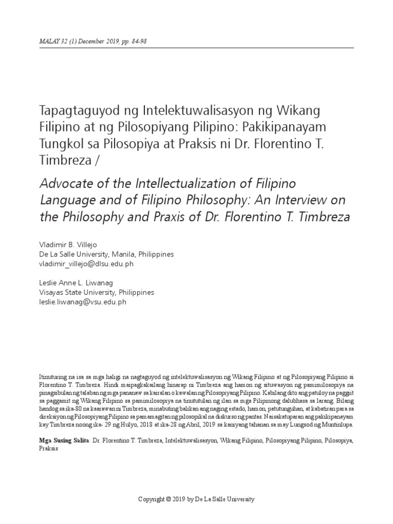Advocate of The Intellectualization of Filipino Language and of ...