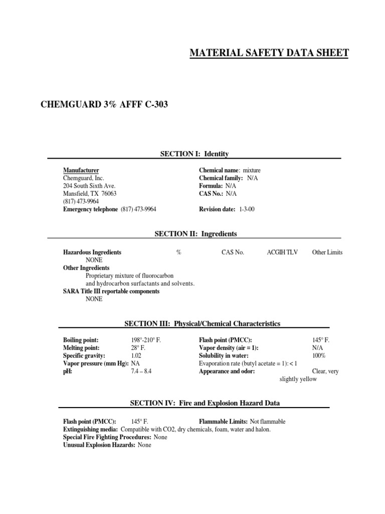 Chemguard 3% Afff C-303: Material Safety Data Sheet | PDF | Chemical ...
