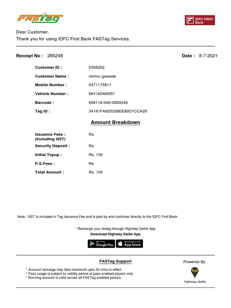 Receipt No: 285248 Date: 8-7-2021: Dear Customer, Thank You For Using ...