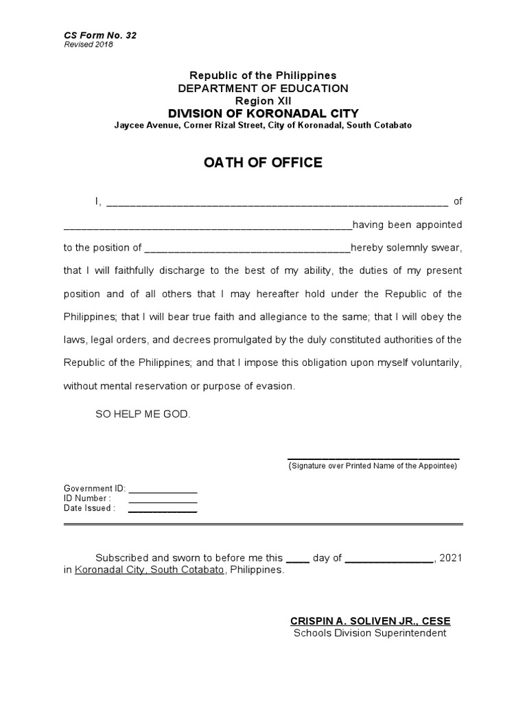 CS Form No. 32 Oath of Office | PDF