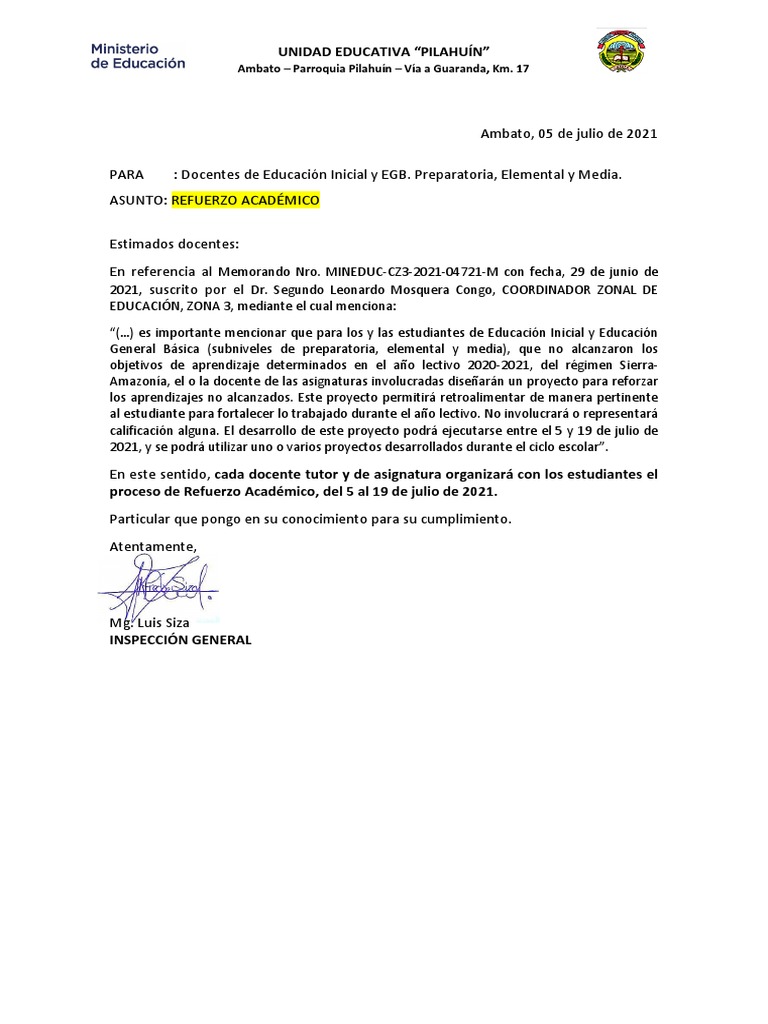 Oficio Refuerzo Académico | PDF