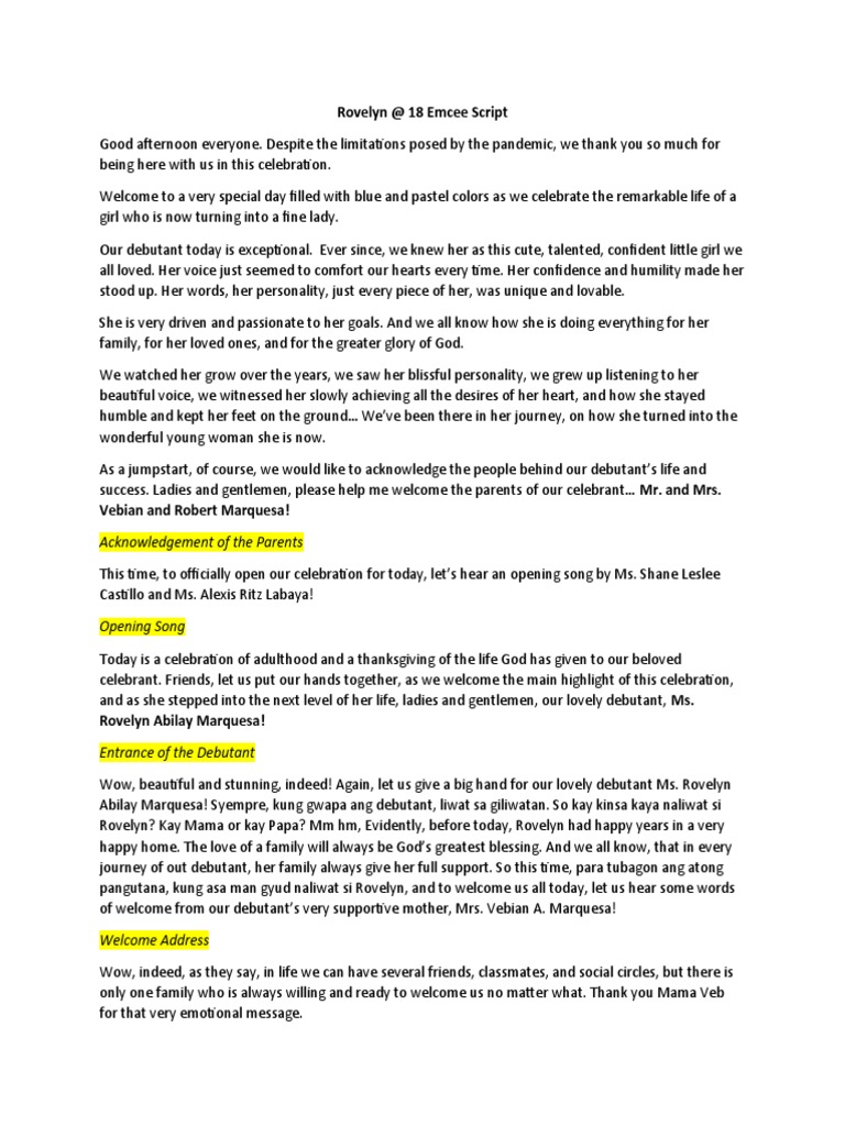 Rovelyn at 18 Emcee Script: Acknowledgement of The Parents | PDF