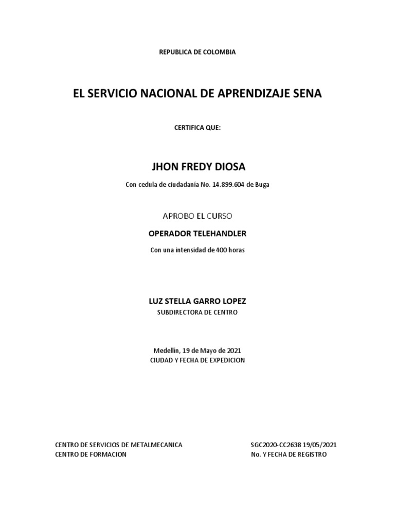 Certificado SENA: Operador Telehandler | PDF