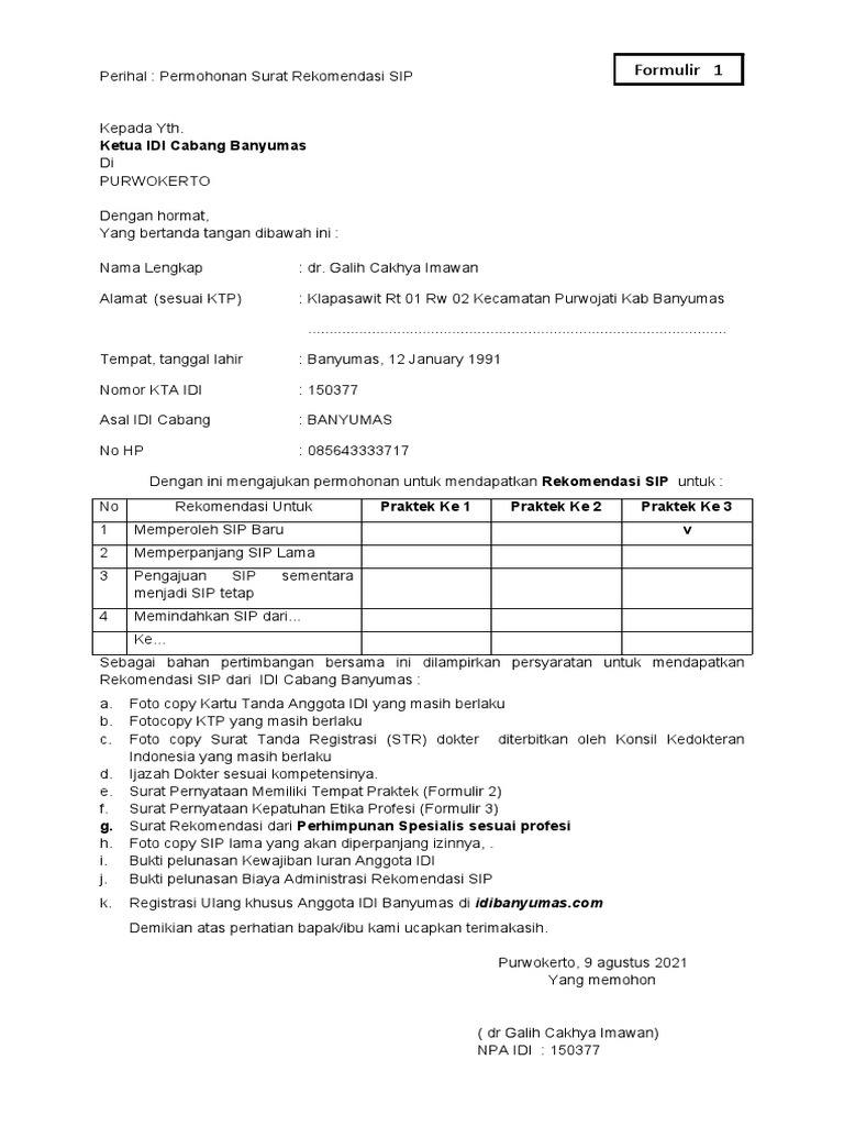 Formulir Permohonan Rekom SIP | PDF