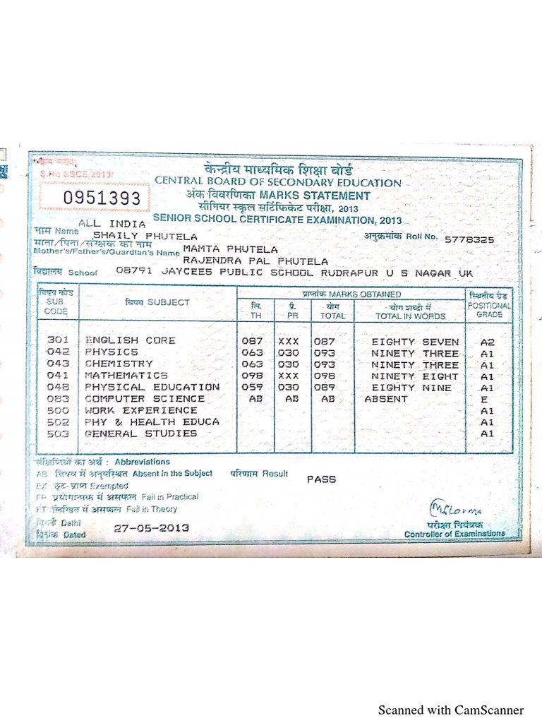 12th Marksheet | PDF