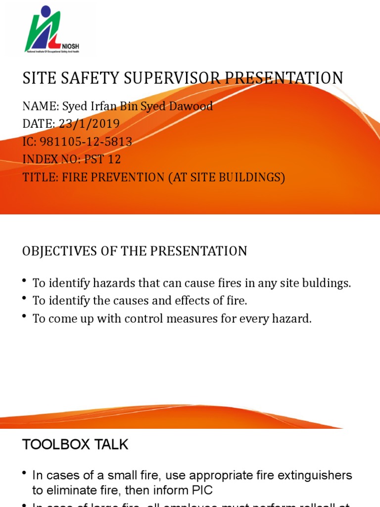 Site Safety Supervisor Presentation | PDF | Fires | Electrical Wiring