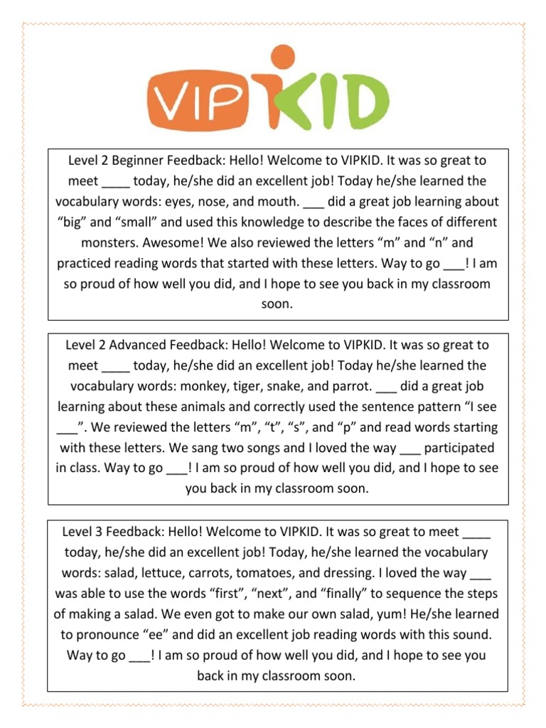 VIPKIDPreWrittenFeedbackforRegularandStarlightTrials 1 | PDF | Learning ...