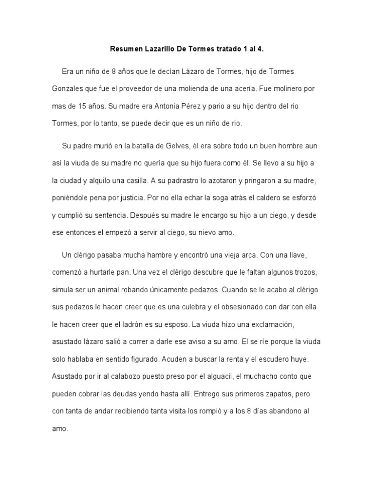 Resumen Lazarillo de Tormes Tratado 1 Al 4 | PDF