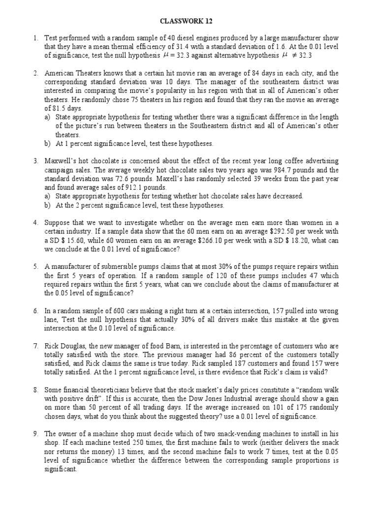 CLASSWORK 12 Hypothesis | PDF | Statistical Significance | Hypothesis