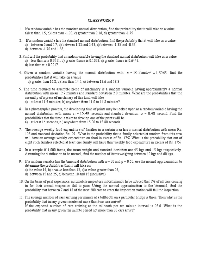 CLASSWORK 9 - Normal - Prob | PDF | Normal Distribution | Probability Distribution