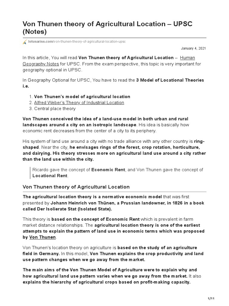 Von Thunen Theory of Agricultural Location UPSC Notes | PDF ...