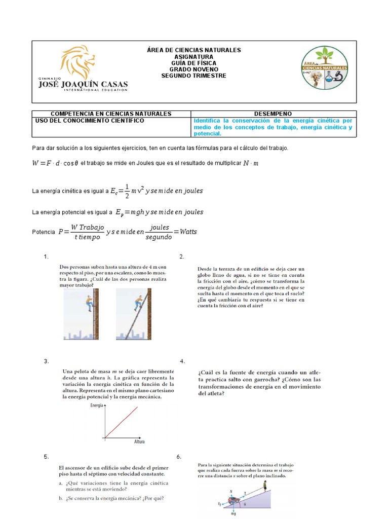 Taller Cálculo de La Energía Cinetica y Potencial Grado 9 | PDF