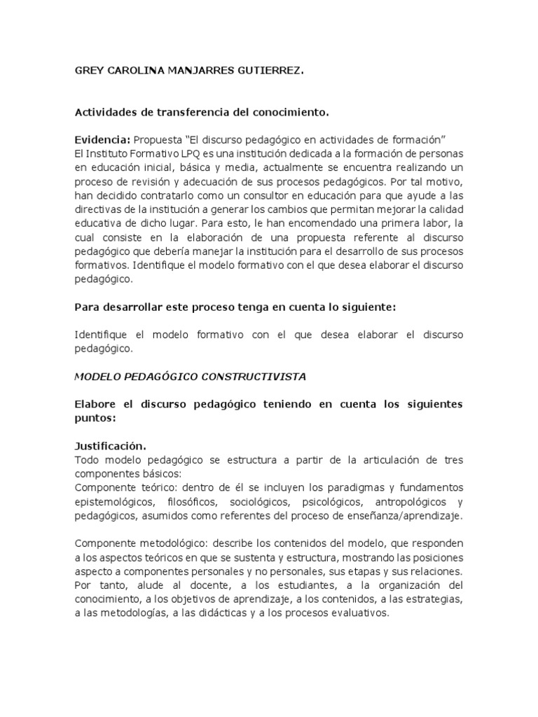 Propuesta "El Discurso Pedagógico en Actividades de Formación" | PDF | Constructivismo ...