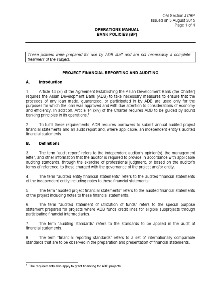 ADB Project Financial Reporting Policy | PDF | Audit | Financial Statement