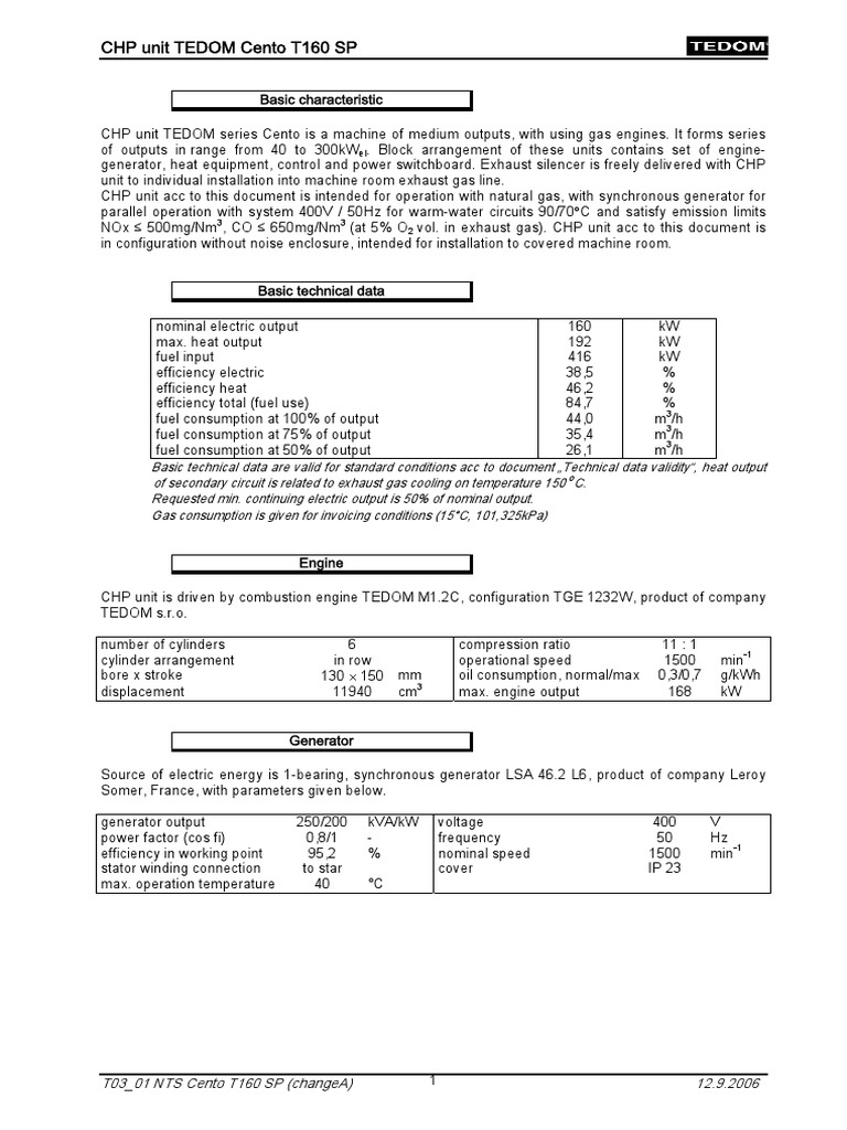 CHP Unit TEDOM Cento T160 SP | PDF | Cogeneration | Engines