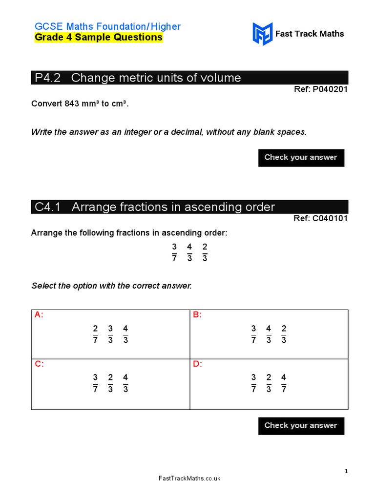GCSE Maths Foundation-Higher - Grade 4 Revision - Sample Questions ...