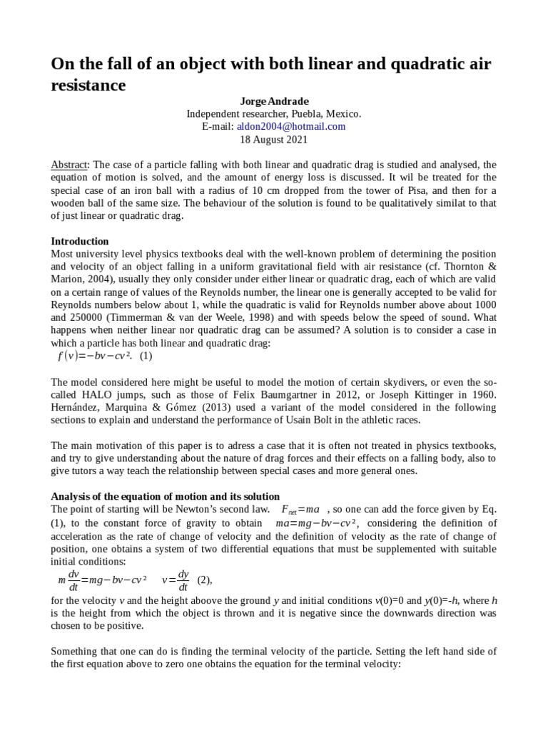 On The Fall of An Object With Both Linear and Quadratic Air Resistance ...