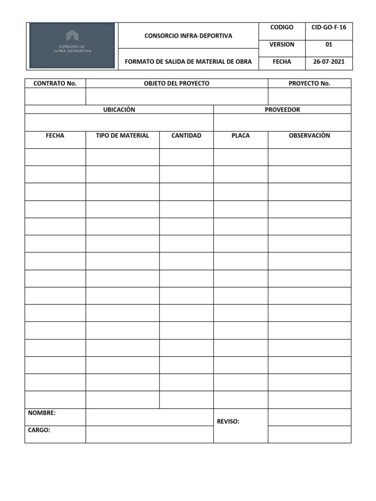 Formato de Salida de Material de Obra. | PDF