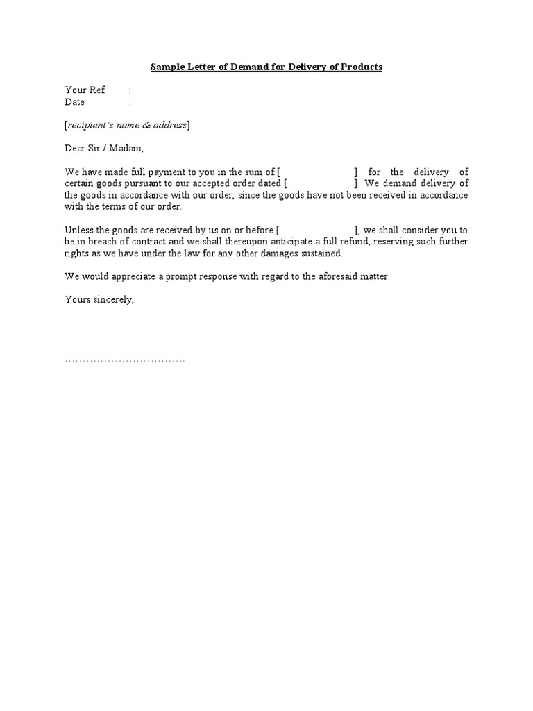 Sample Letter of Demand For Delivery of Products | PDF