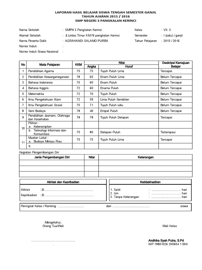 Format Rapor Kelas 7 8 KTSP Smes 1 | PDF