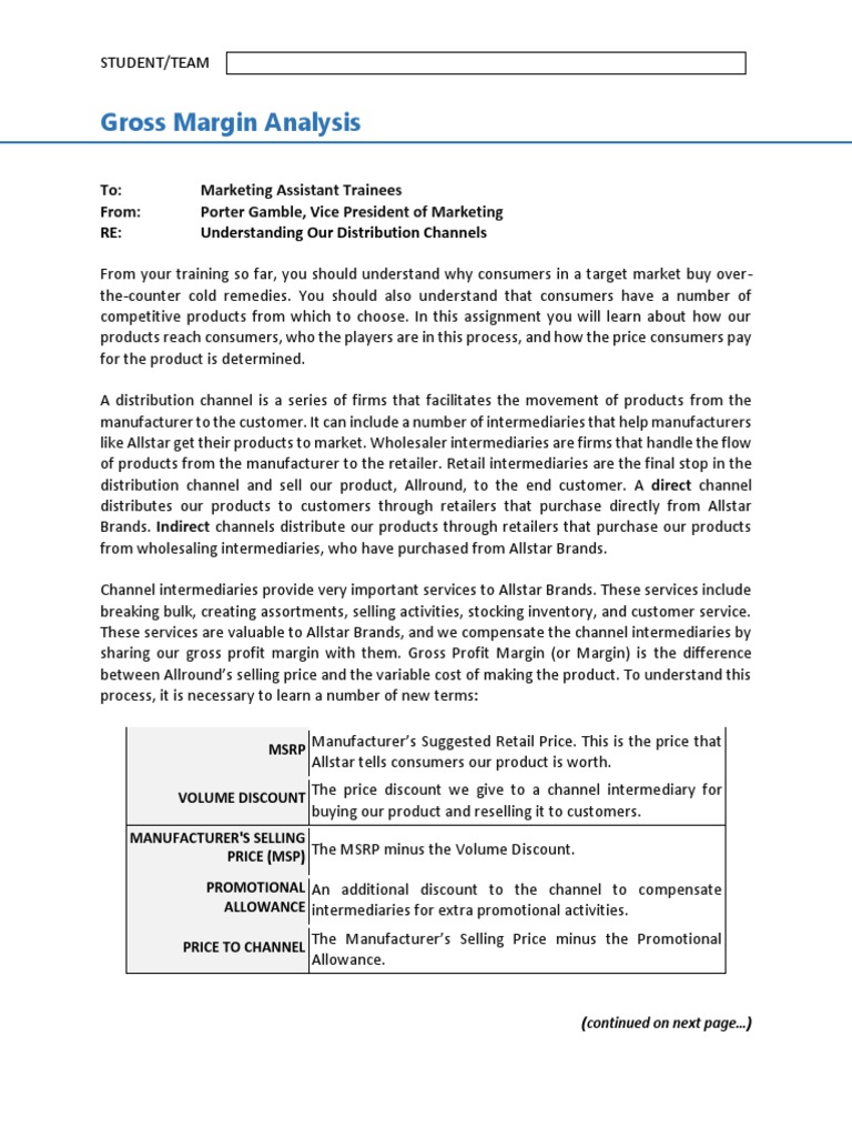 Gross Margin Analysis: To: Marketing Assistant Trainees From: Porter ...