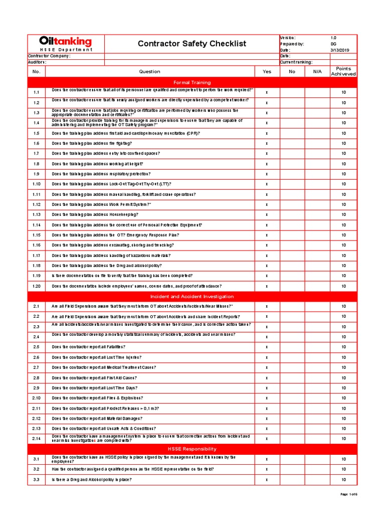 Contractor Safety Checklist: No. Yes No N/A Points Achiveved | PDF ...