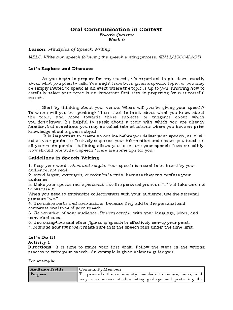 Speech Writing Principles and Tips | PDF | Word | Speech