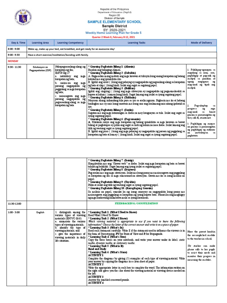 Grade 5 - All Subjects - WHLP - Q2 - W6 | PDF