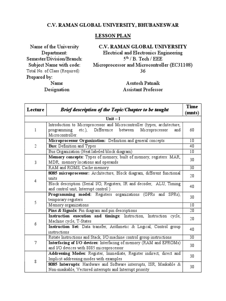 Mpmc Lesson Plan Pdf Central Processing Unit Microcontroller