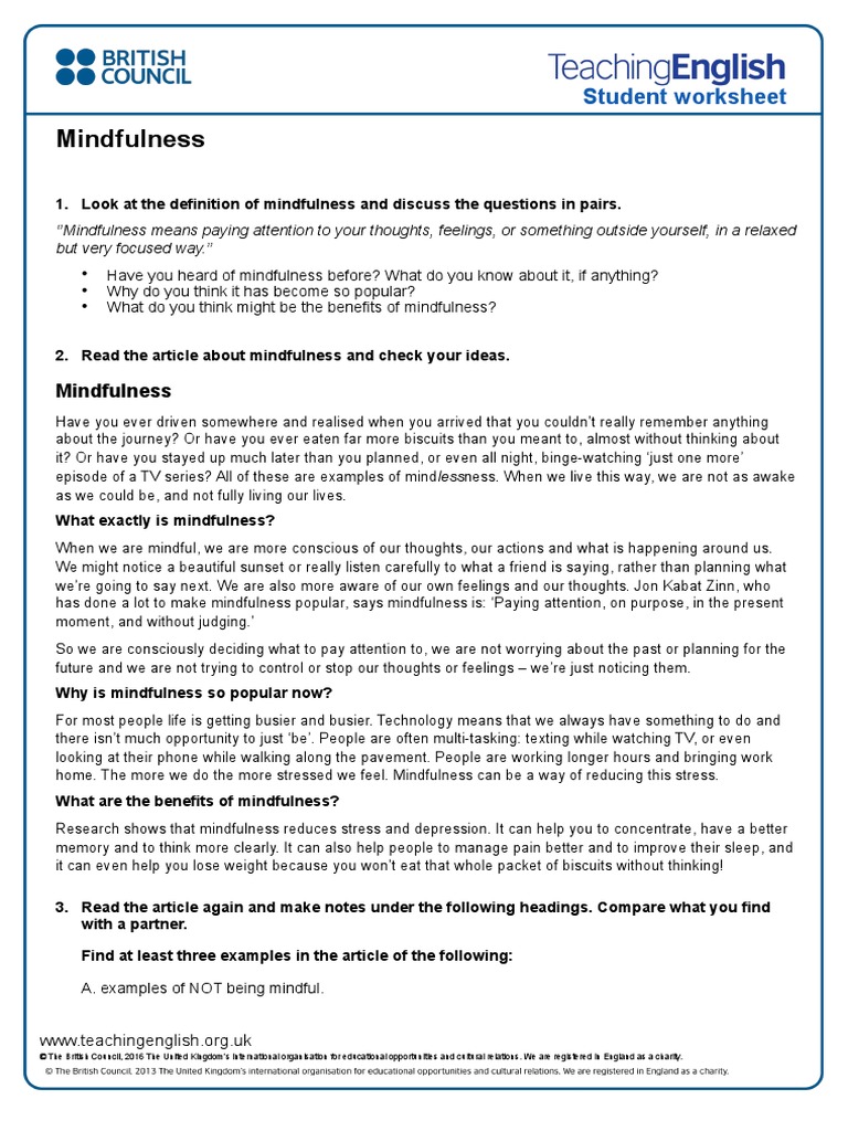 Mindfulness Student Worksheet 0 | PDF | Mindfulness | Attention