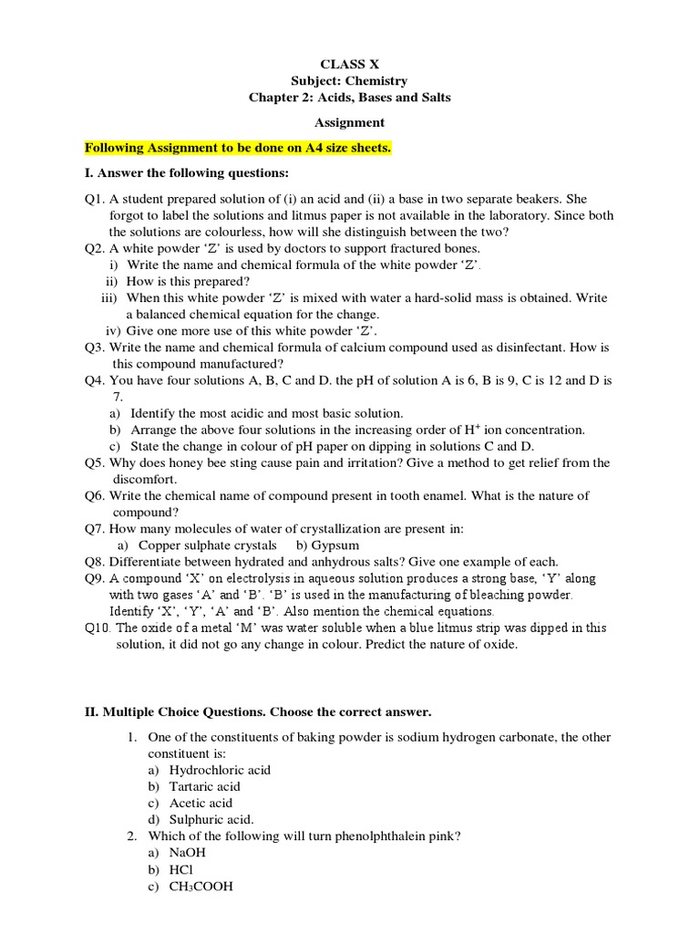 10 Chemistry - Acids, Bases and Salts - Assignment | PDF | Sodium ...