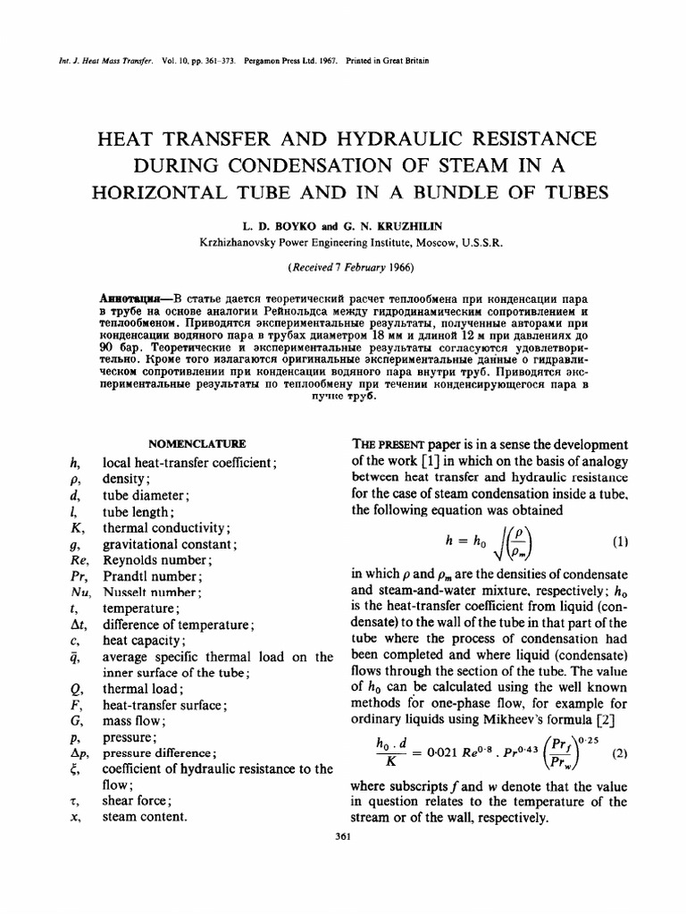 Heat Transfer and Hydraulic Resistance During Condensation of Steam in A Horizontal Tube and in ...