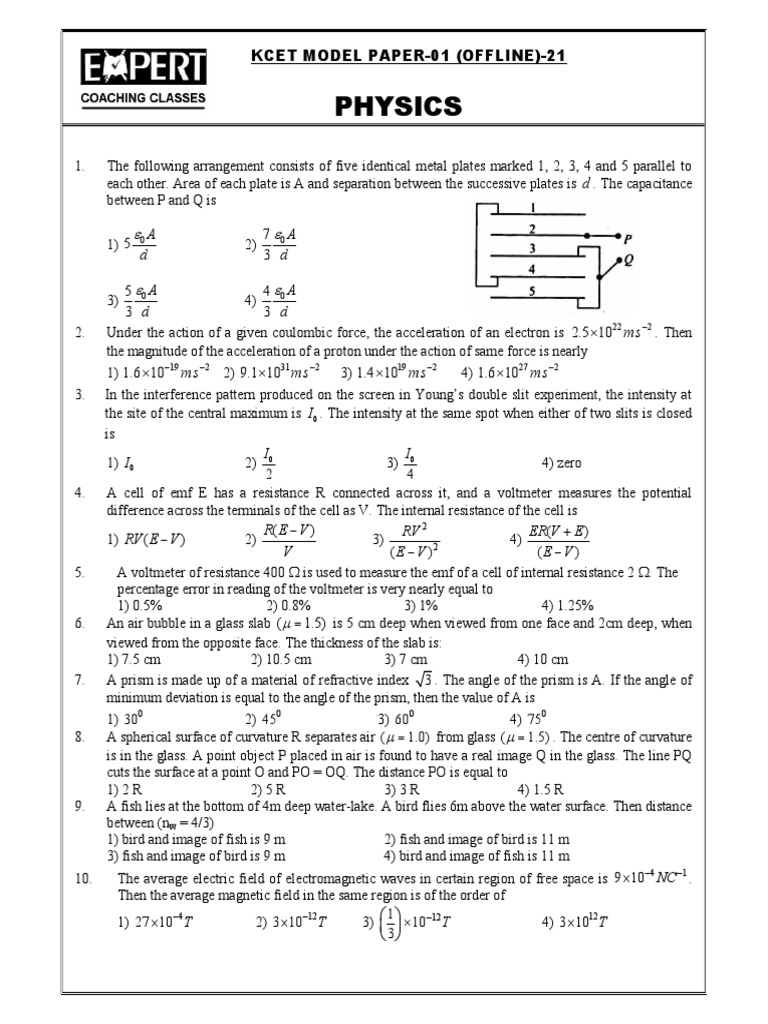 Physics: Kcet Model Paper-01 (Offline) - 21 | Download Free PDF | Electron | Electronvolt