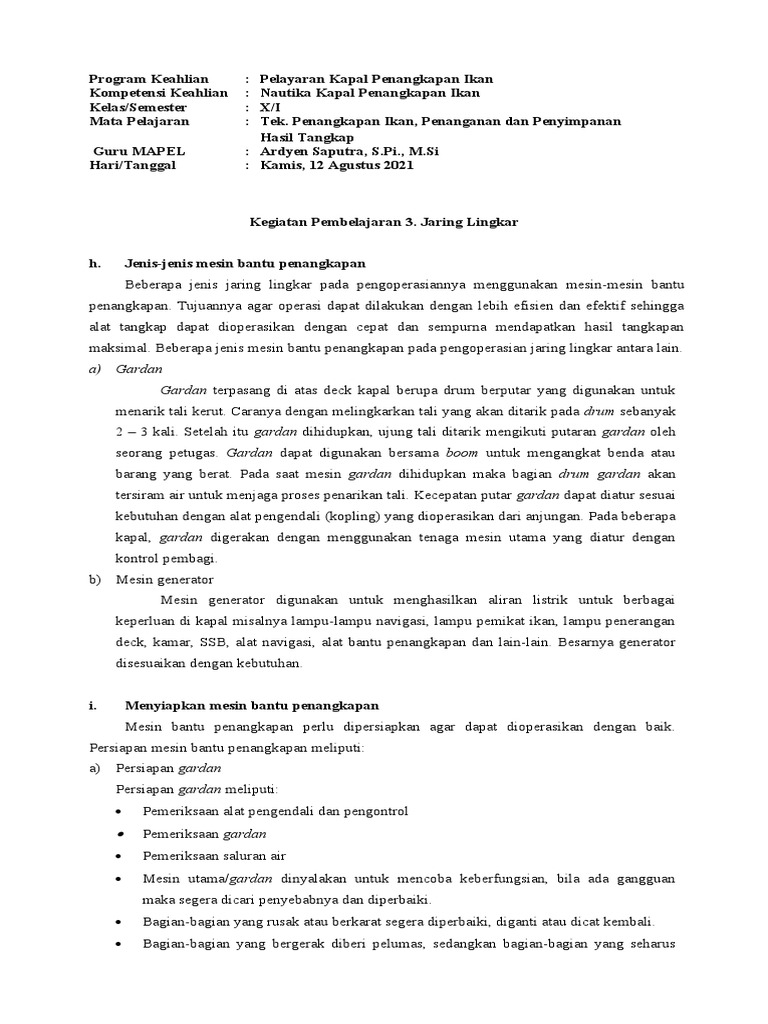 Kegiatan 3. Jaring Lingkar (Jenis-Jenis Mesin Bantu Penangkapan) | PDF