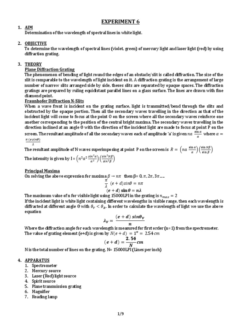 Observation Table - Diffraction Grating | PDF | Diffraction | Wavelength