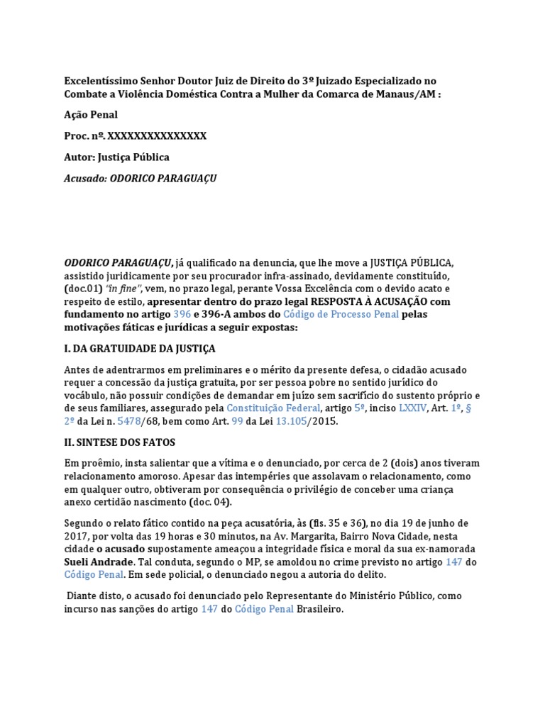 Defesa Prévia Maria Da Penha (Modelo) | PDF | Procedimento criminal | Direito Penal
