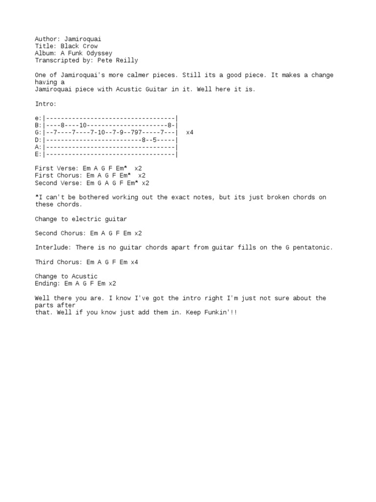 Jamiroquai's "Black Crow" Guitar Tabs | PDF