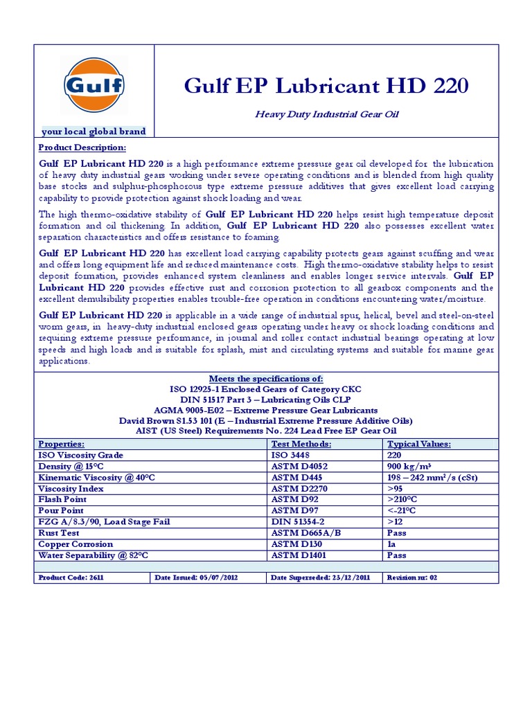 Gulf EP Lubricant HD 220 Overview | PDF | Lubricant | Gear