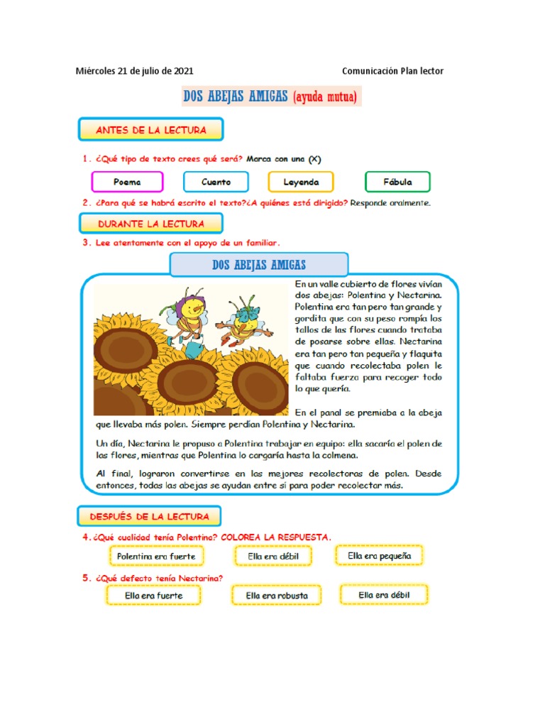Actividad: Cuento "Dos abejas amigas" | PDF