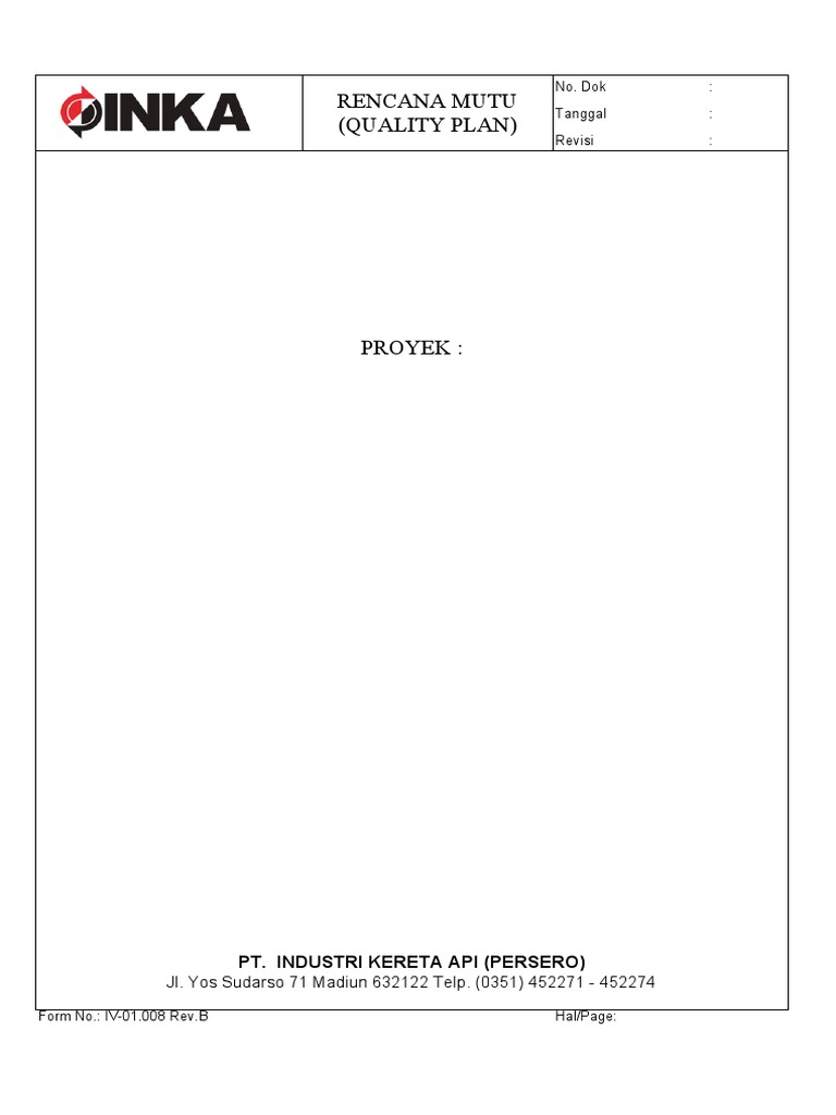 IV-01008 - Rencana Mutu (Quality Plan) - B | PDF