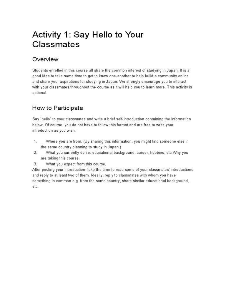 Activity 1: Say Hello To Your Classmates | PDF