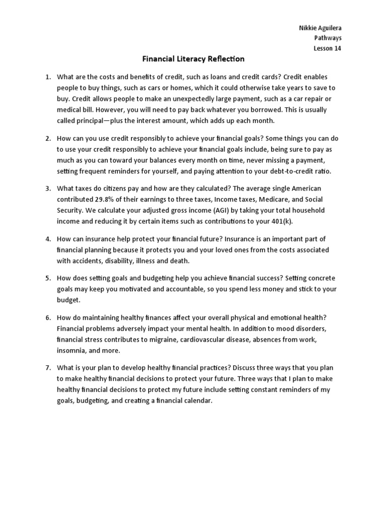 Lesson 14 - Financial Literacy Reflection | PDF | Credit | Finance ...