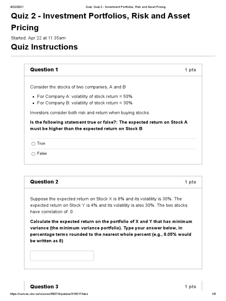 Quiz - Quiz 2 - Investment Portfolios, Risk and Asset Pricing | PDF ...