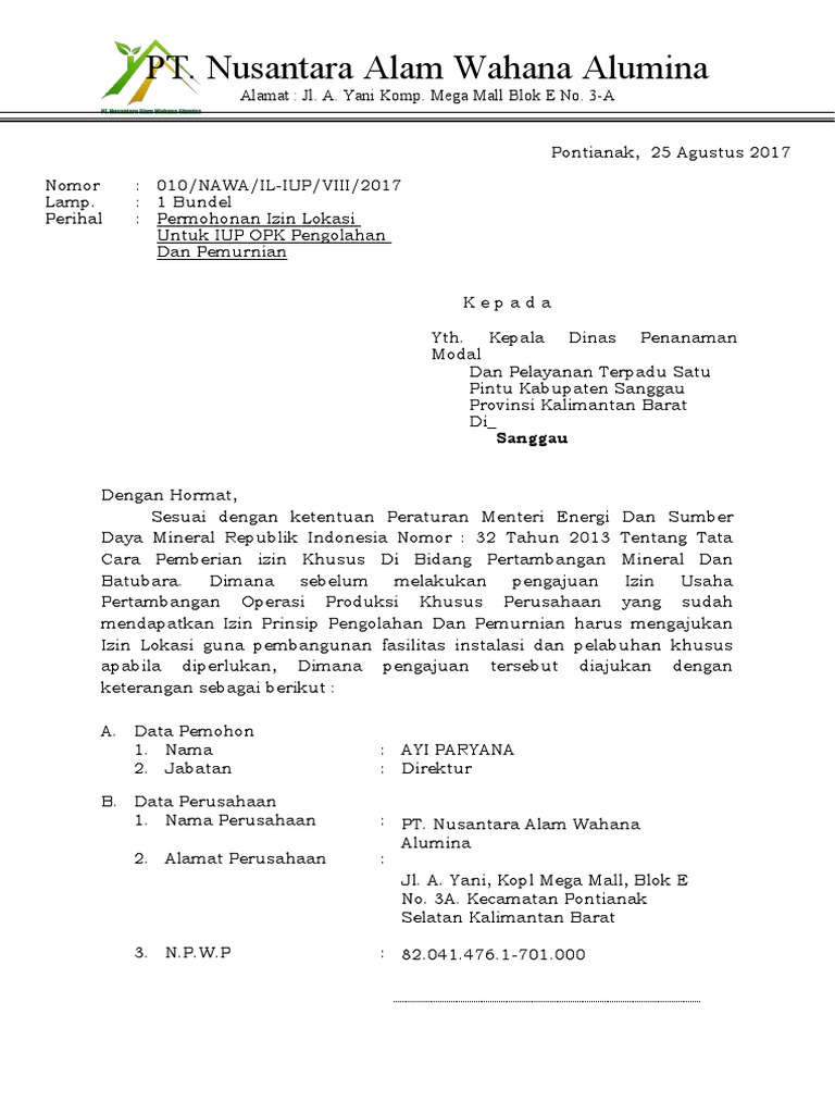 Permohonan Izin Lokasi IUP OPK | PDF