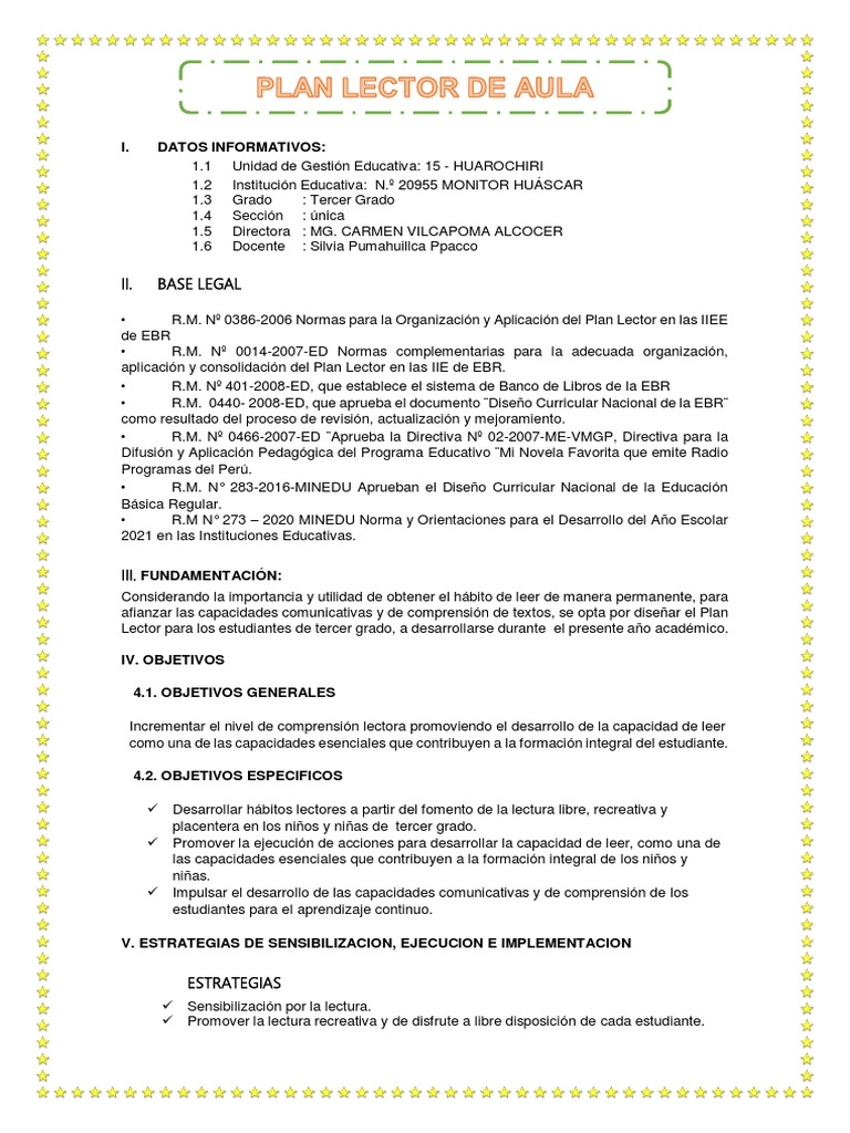 Plan Lector de Tercer Grado de Primaria | PDF | Maestros | Comprensión lectora