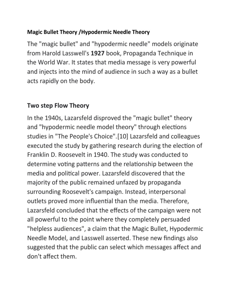 Two Step Flow Theory: Magic Bullet Theory /hypodermic Needle Theory ...