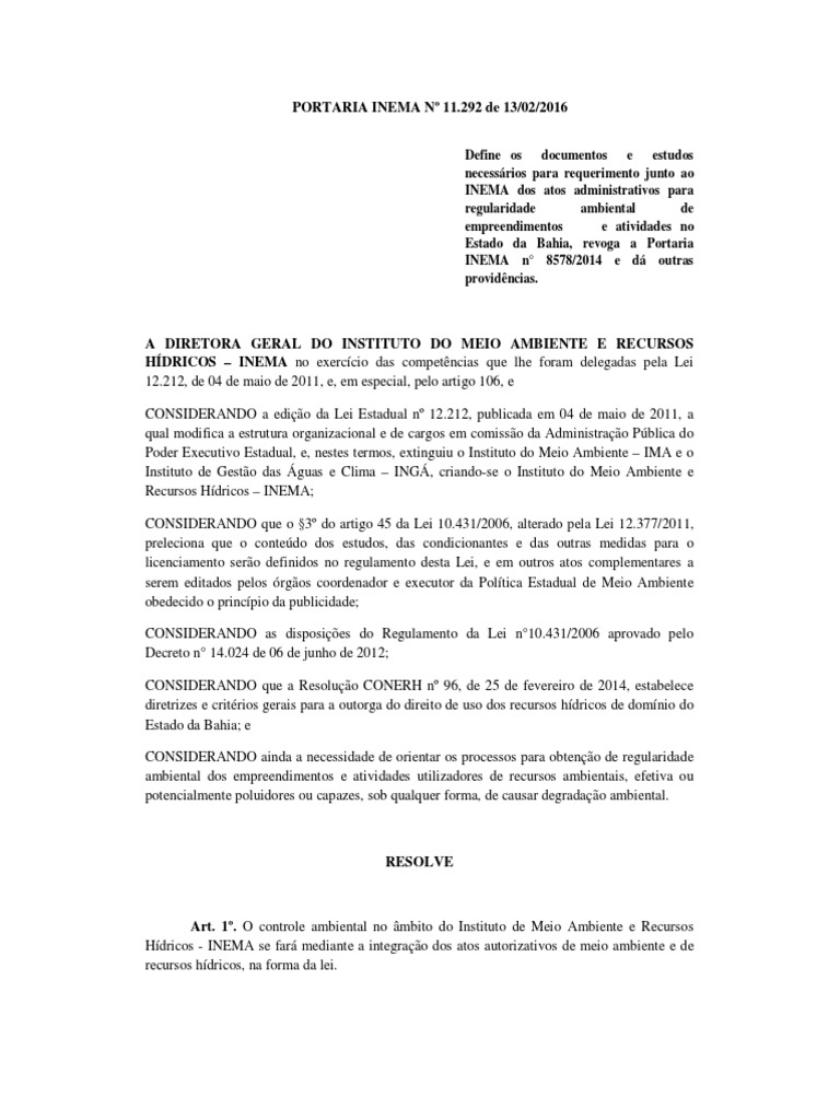Portaria INEMA N - 11292 Consolidada | PDF | Concessão (contrato ...