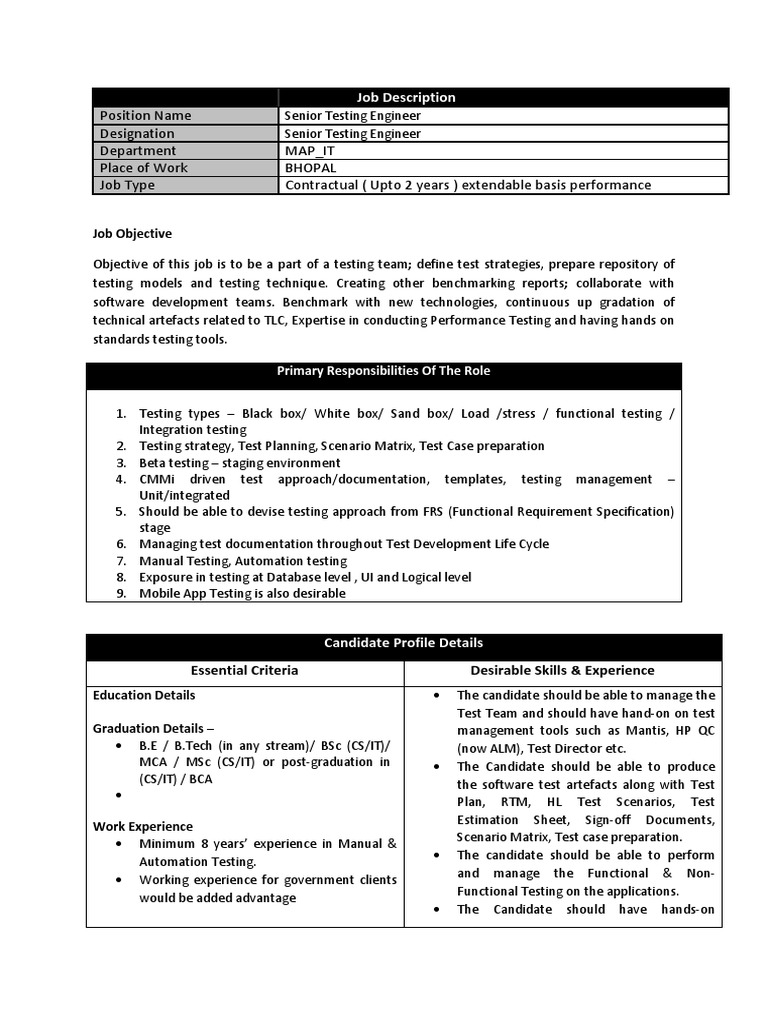 Senior Testing Engineer Job Bhopal | PDF | Software Testing | Systems ...